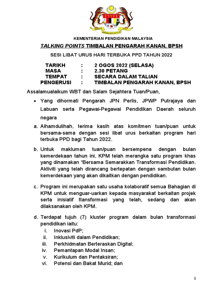 Talking Points Timbalan Pengarah Kanan - Hari Terbuka PPD | PDF