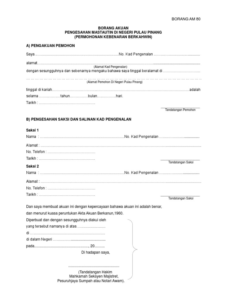 Borang Pengesahan Mastautin Nikah Penang | PDF