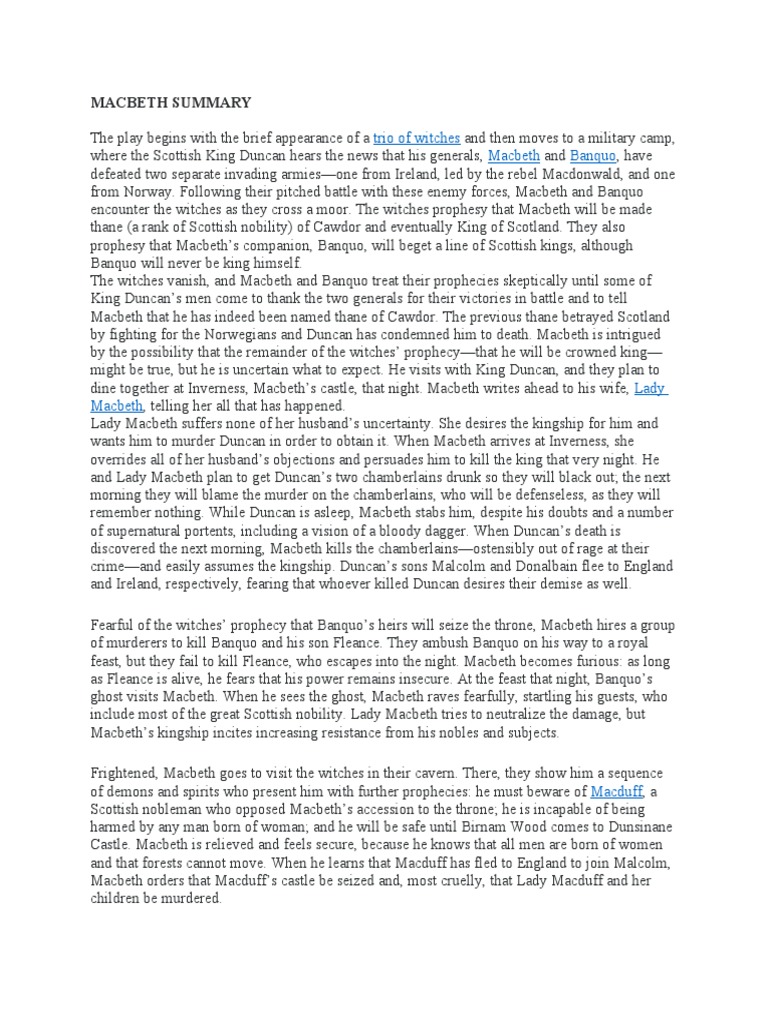 Macbeth Summary | PDF | Macbeth | Shakespearean Tragedies