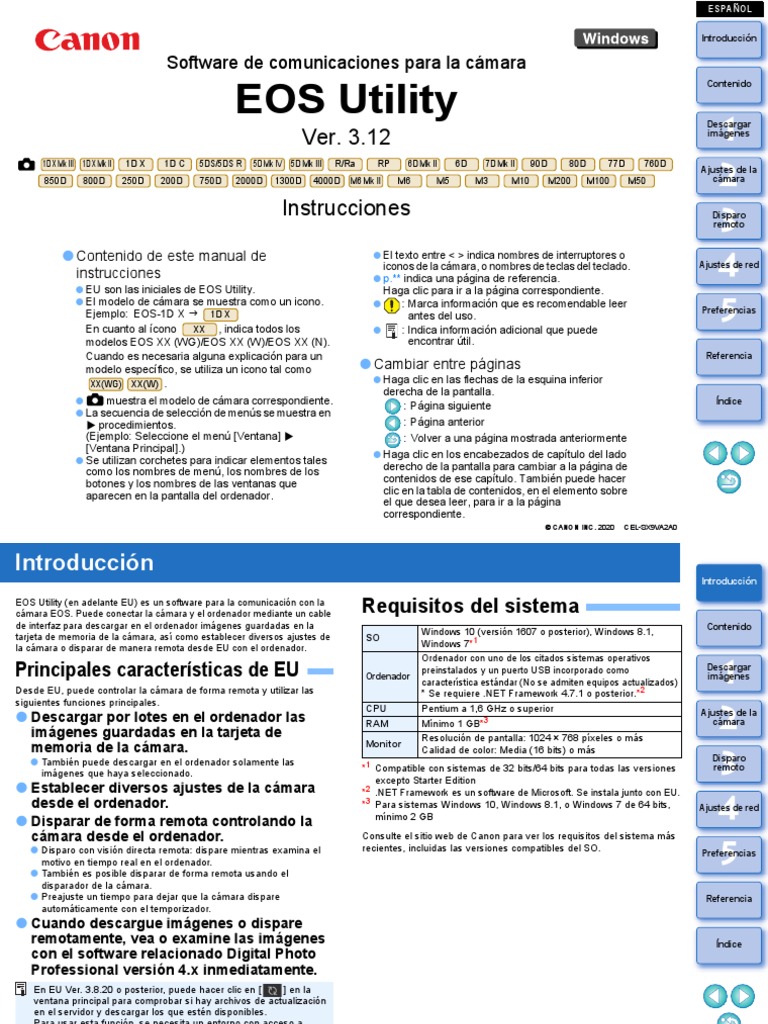 EOS Utility Instruction Manual 3.12 Win ES | PDF | Cámara | Windows 10