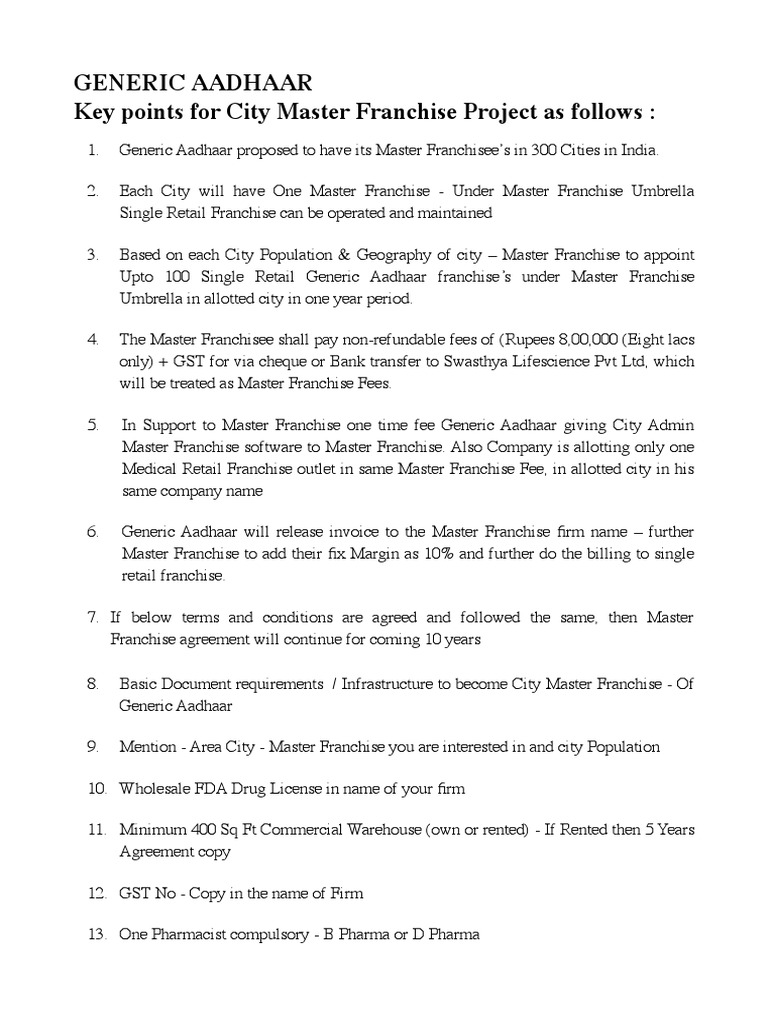 Generic Aadhaar Key Points For City Master Franchise Project As Follows ...