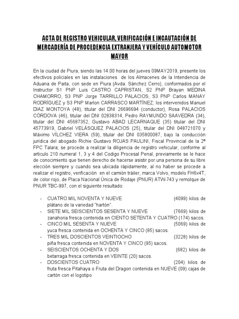 Acta de Registro Vehicular, Verificación e Incautación de Mercadería de ...