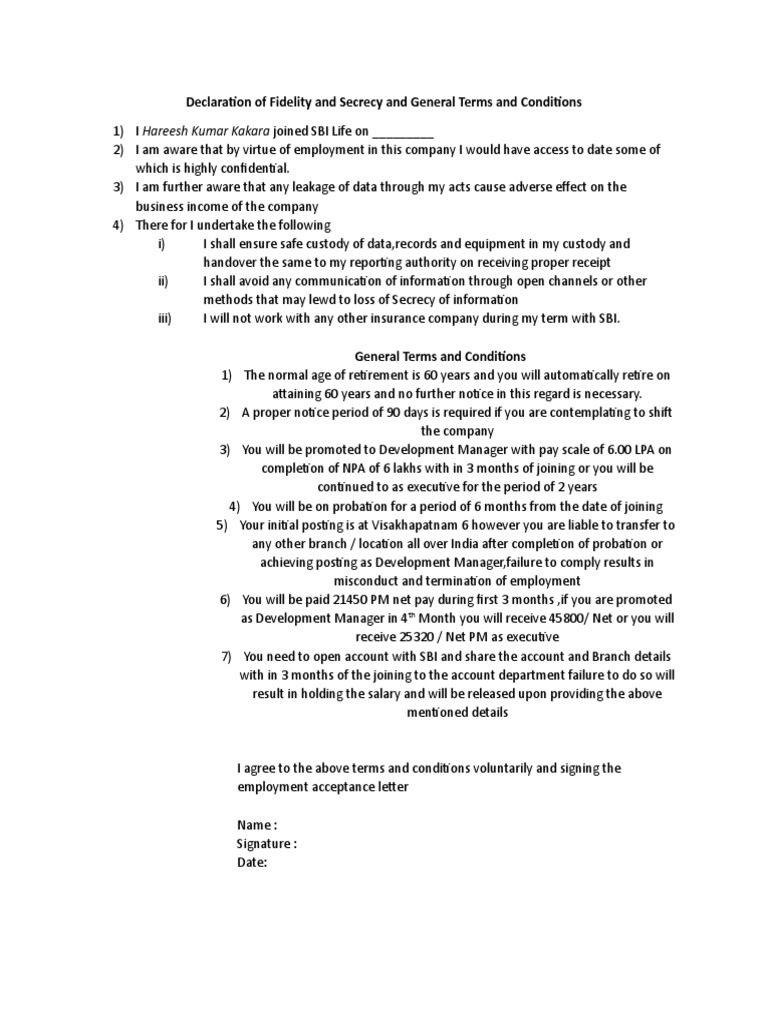 Declaration of Fidelity and Secrecy and General Terms and Conditions ...
