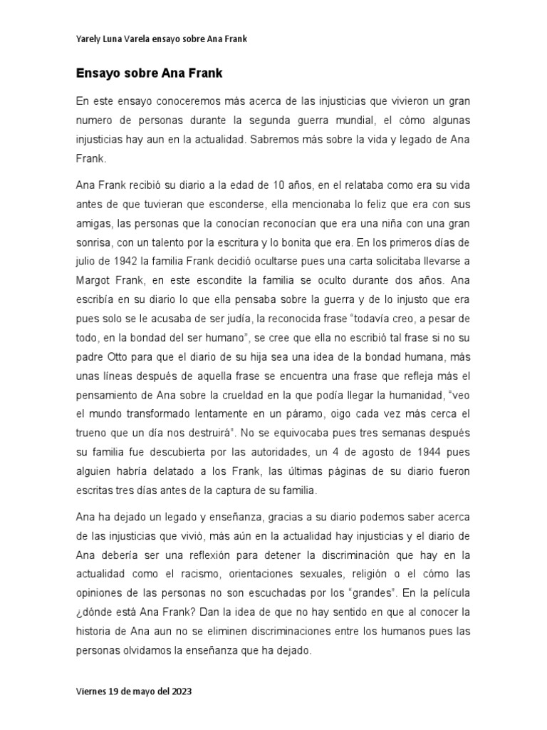 Ensayo Sobre Ana Frank Yarely Luna Varela | PDF | Anne Frank