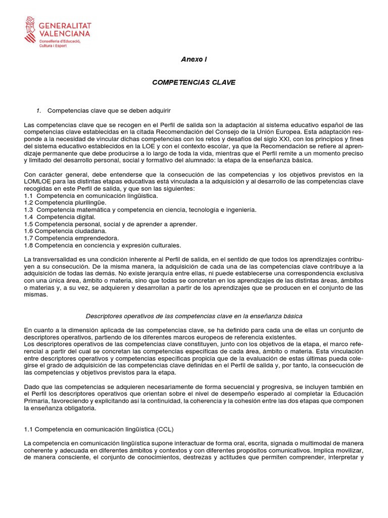 01 Annex-I Competencies-Clau PRIMARIA Cast | PDF | Aprendizaje | Conocimiento