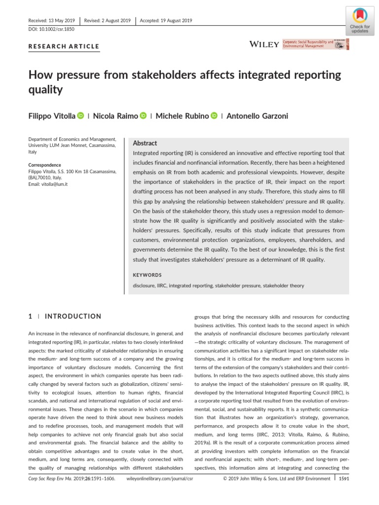 Stakeholder Pressure and Integrated Reporting Quality | PDF | Corporate ...