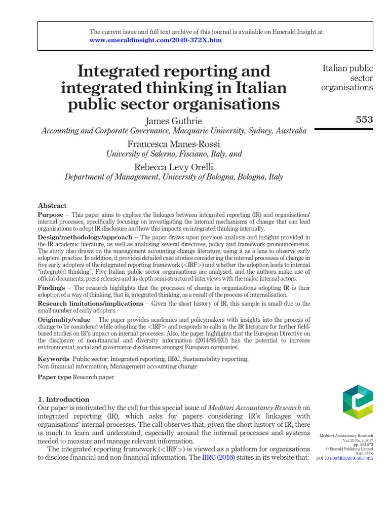 Integrated Reporting and Integrated Thinking in Italian Public Sector Organisations | Download ...