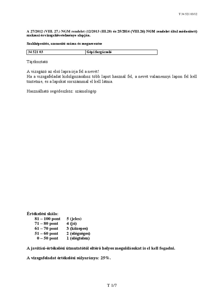 34 - 521 - 03 - 1 - 12T Írásbeli Vizsga | PDF