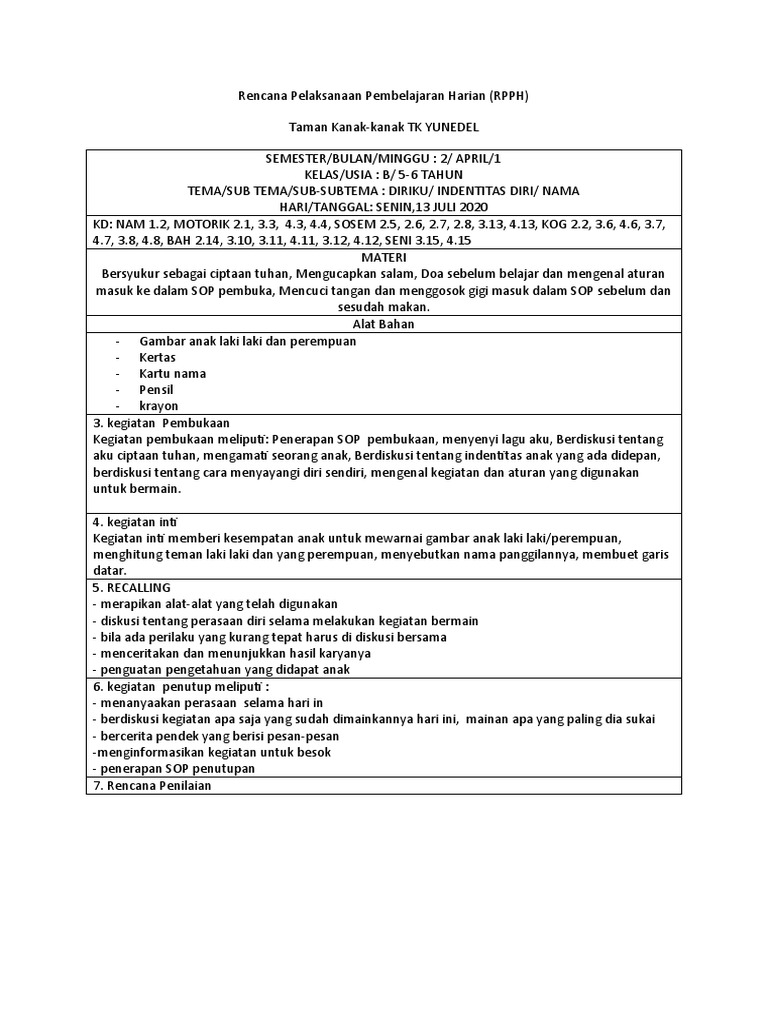 RPPH TK: Tema Identitas Diri | PDF | Seni & Disiplin Bahasa