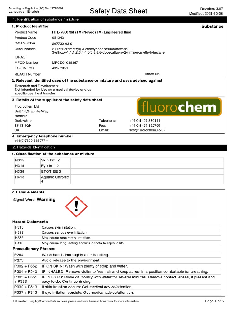 HFE-7500 Novec Fluid Safety Data | PDF | Dangerous Goods | Occupational ...