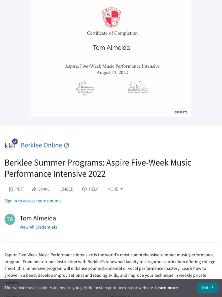 Berklee Summer Programs Aspire Five-Week Music Performance Intensive 2022 - Tom Almeida ...