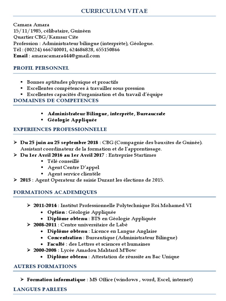 CV d'Amara Camara, Administrateur Bilingue | PDF | Évolution de carrière