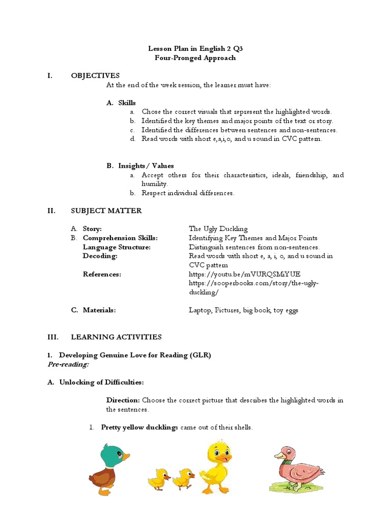 Ugly Duckling Lesson Plan for Grade 1 | PDF | Duck | The Ugly Duckling