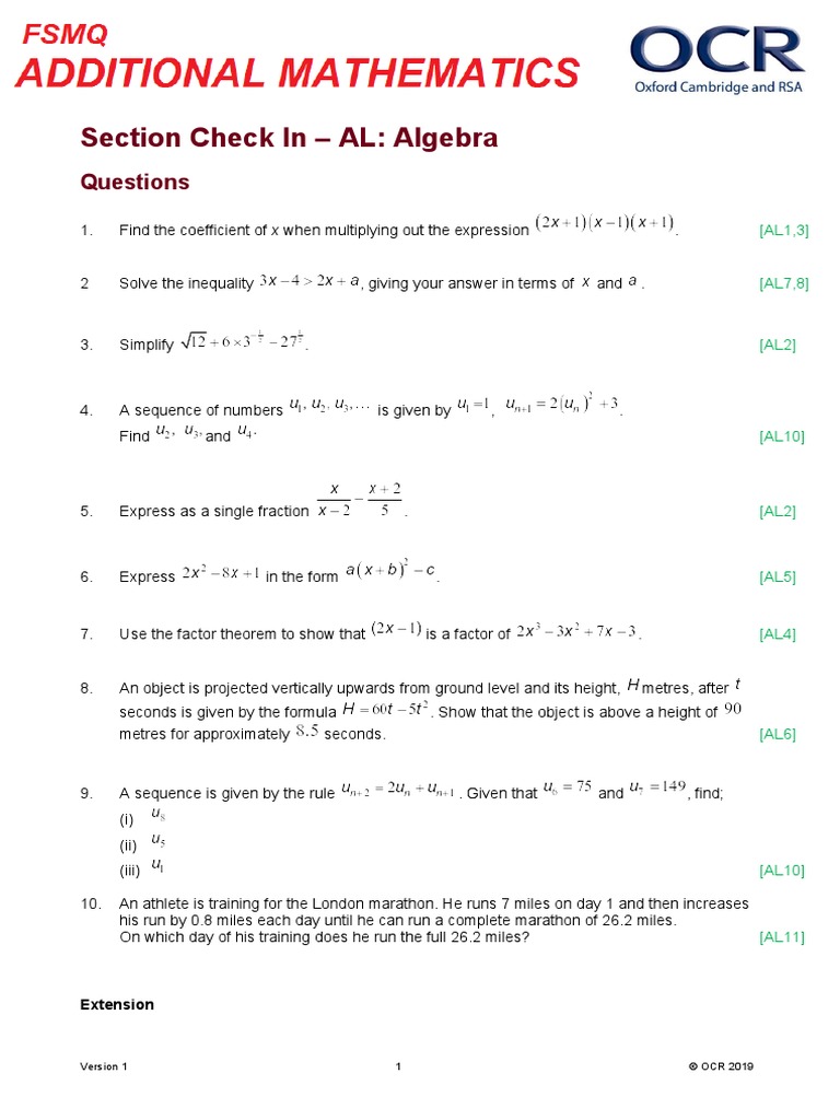 FSMQ Check in Algebra | PDF | Quadratic Equation | Mathematical Analysis