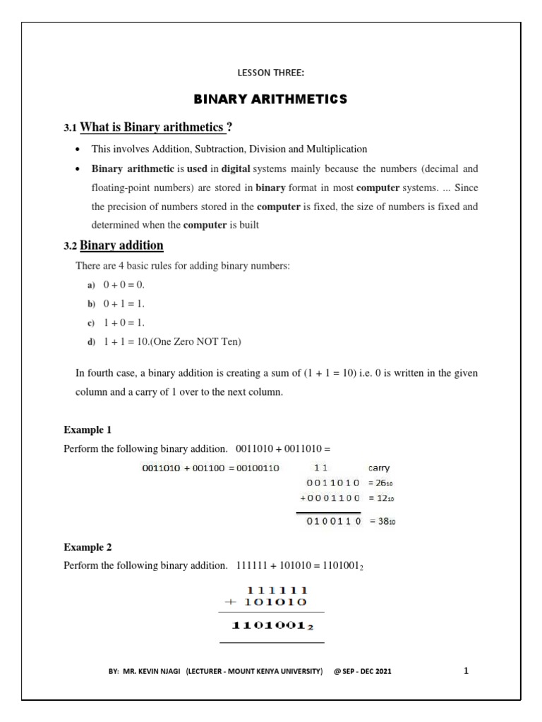 LESSON 3 BINARY ARITHMETICs | Download Free PDF | Subtraction | Arithmetic