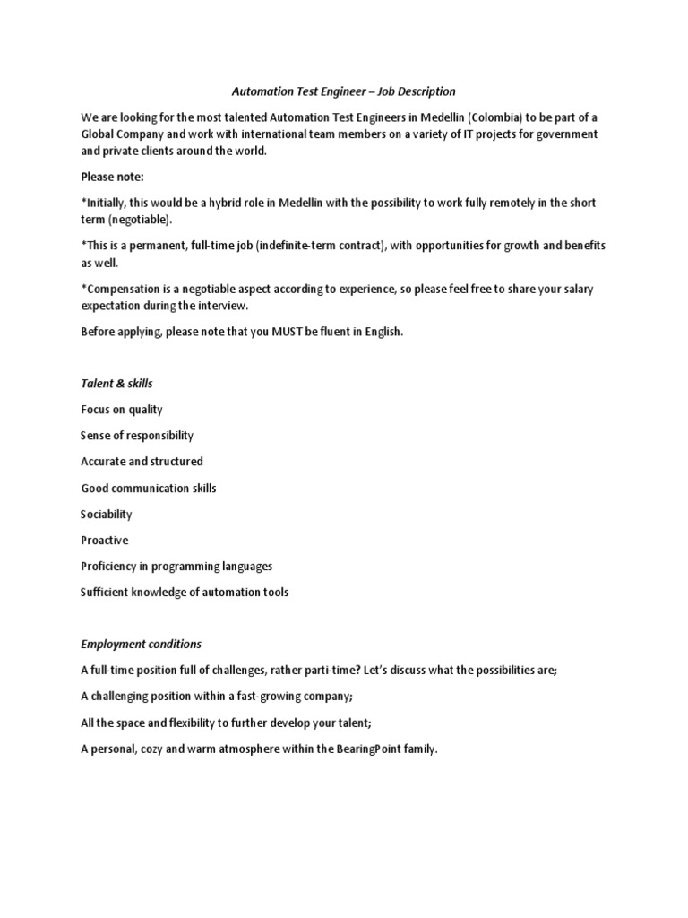 Job Description - Automation Test Engineer | PDF | Automation ...