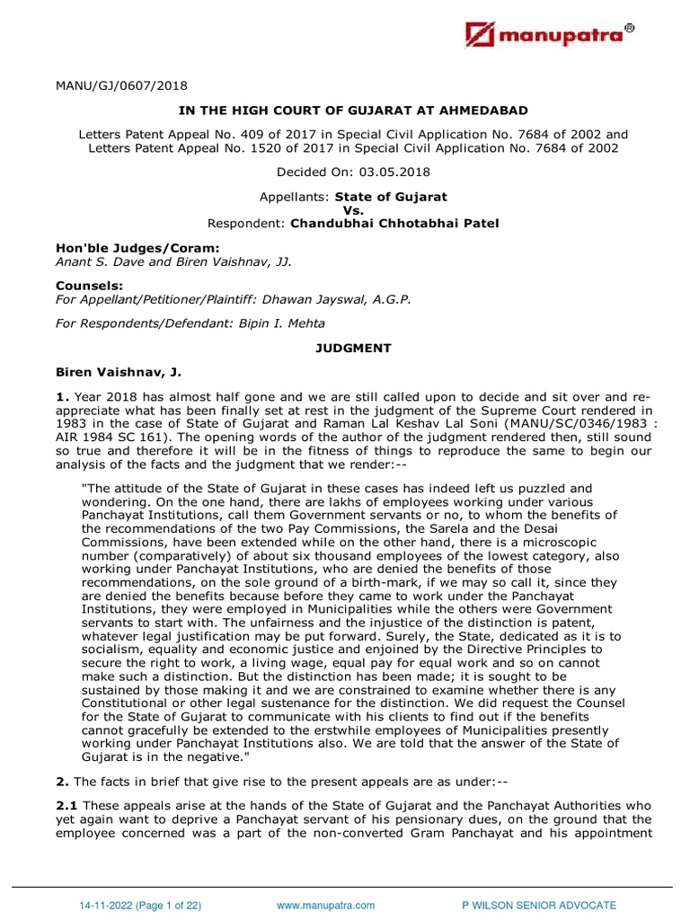 State of Gujarat Vs Chandubhai Chhotabhai Patel 03GJ201822081815393134COM123055 | PDF | Judgment ...
