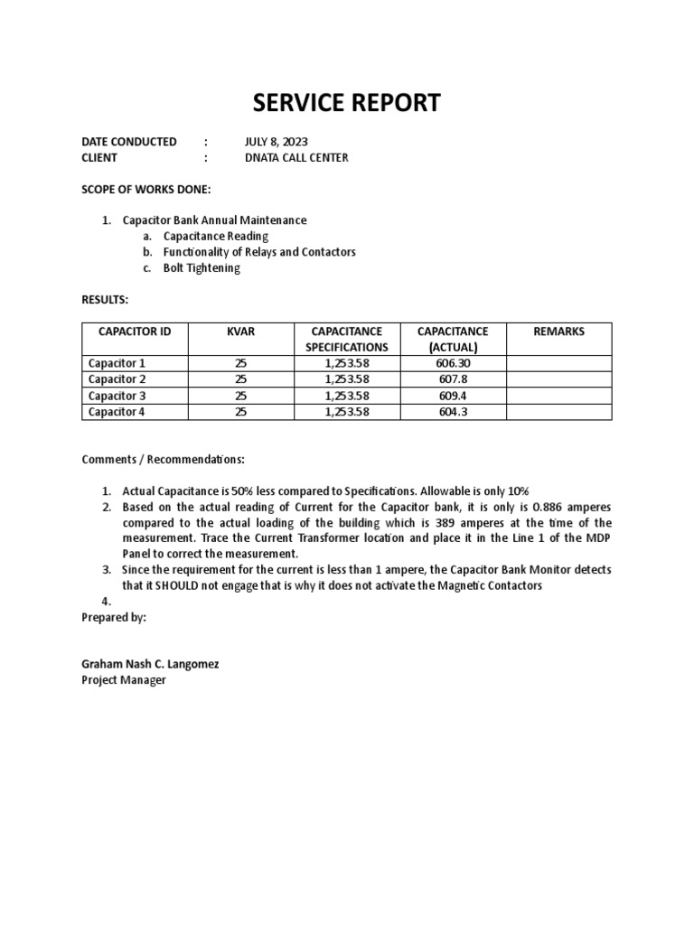 Capacitor Bank Testing Service Report | PDF