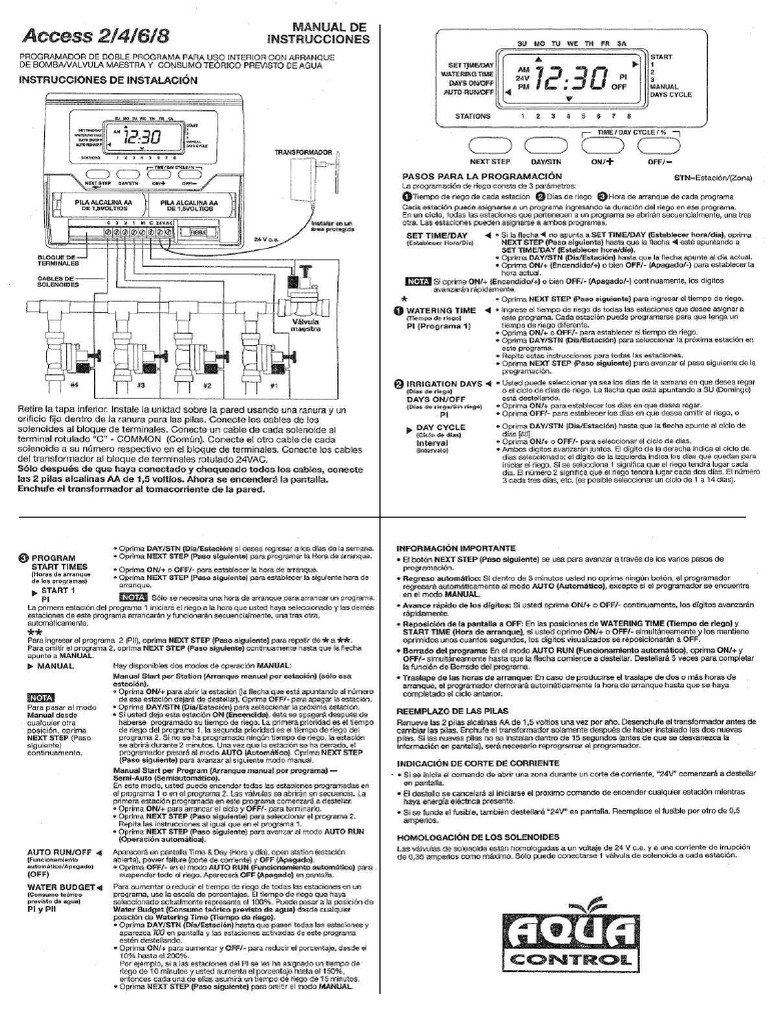 Manual de Instrucciones Del Programador Aqua Control c1104 | PDF