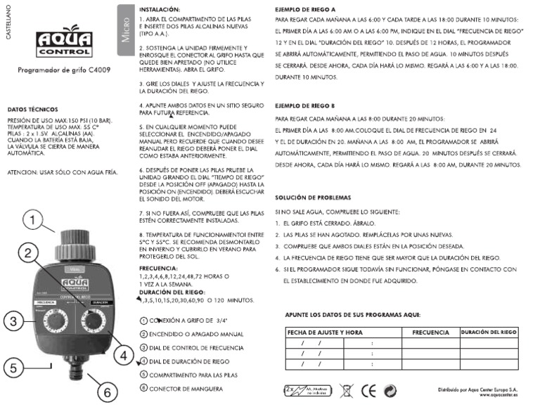 Manual de Instrucciones Del Programador Aqua Control c4009 | PDF