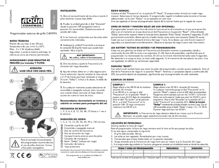 Manual de Instrucciones Del Programador Aqua Control c4099n | PDF