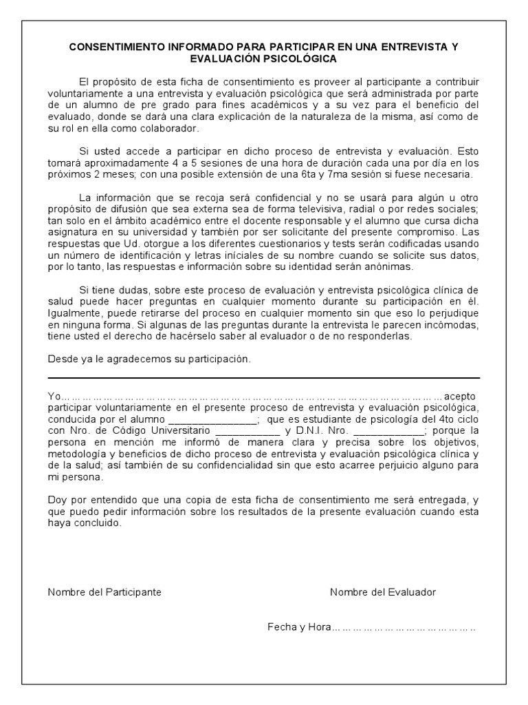 Consentimiento Informado - Modelo | PDF | Sicología | Evaluación