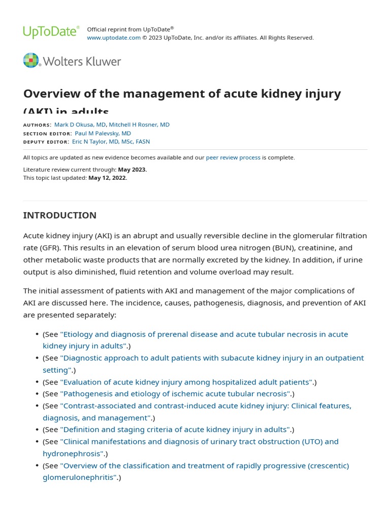 Overview of The Management of Acute Kidney Injury (AKI) in Adults ...