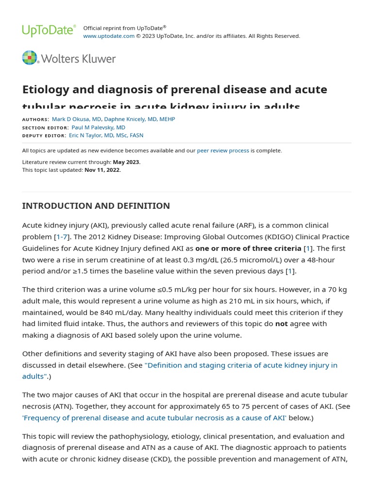 Etiology and Diagnosis of Prerenal Disease and Acute Tubular Necrosis ...