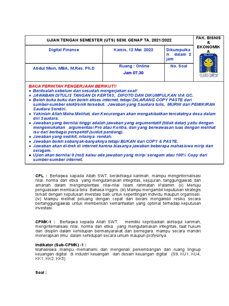 Soal UTS Mid Digital Finance Genap 20212022 | PDF | Bisnis ...