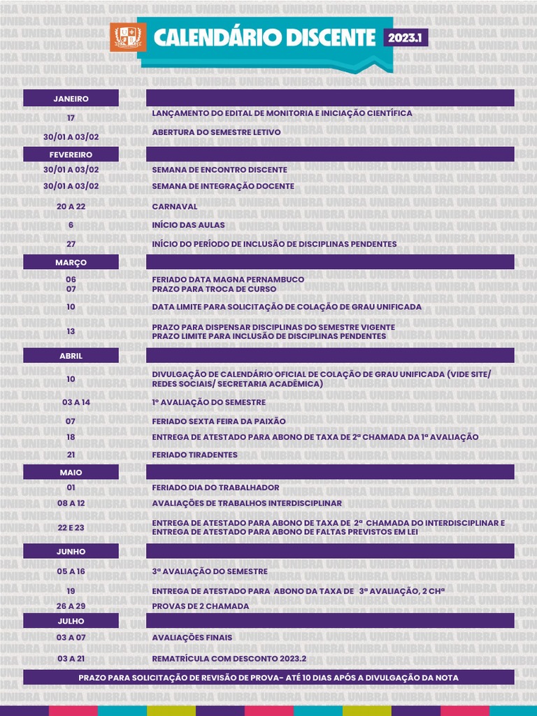 Calendario Discente Unibra 2023 1 | PDF
