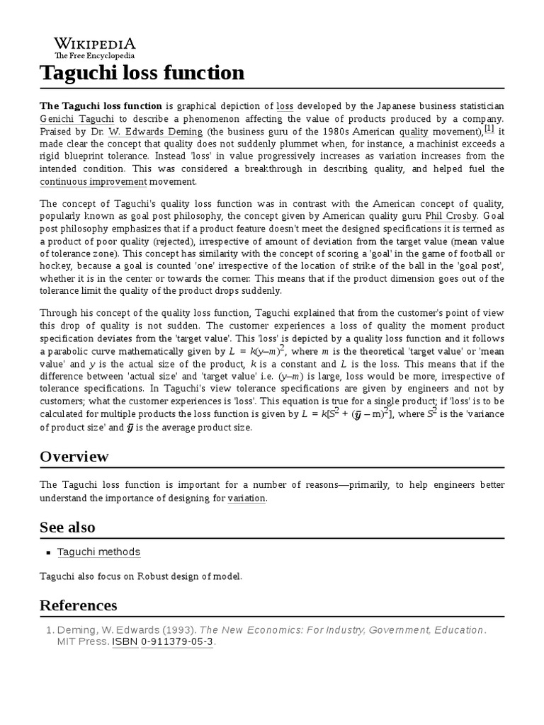 Taguchi Loss Function Pdf Statistical Analysis Teaching Mathematics