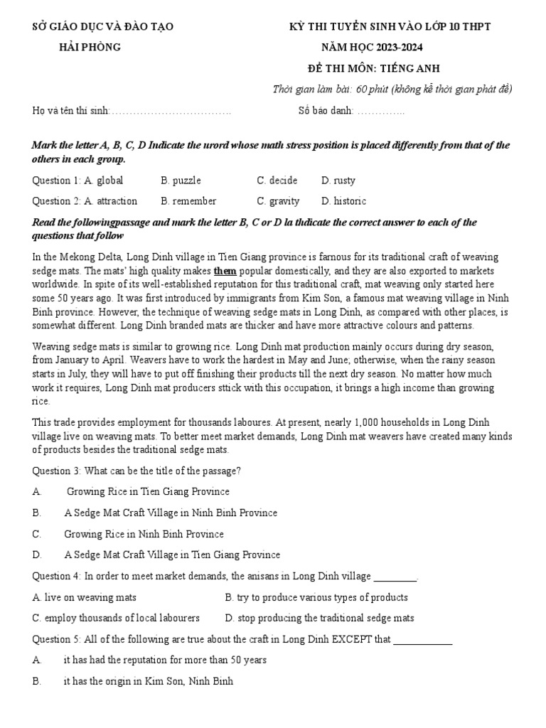 Ok - de Thi Vao 10 Hai Phong | PDF | Weaving | English Language