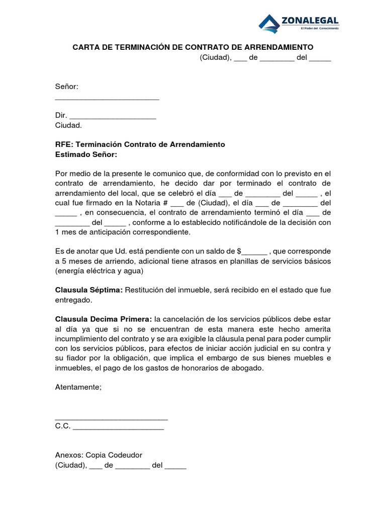 Carta de Terminacion de Contrato de Arrendamiento | PDF
