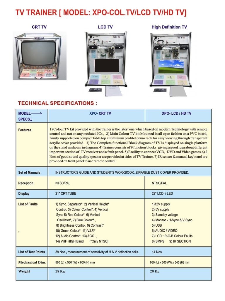 CRT & LCD TV Trainer Specs | PDF | Television | Consumer Electronics