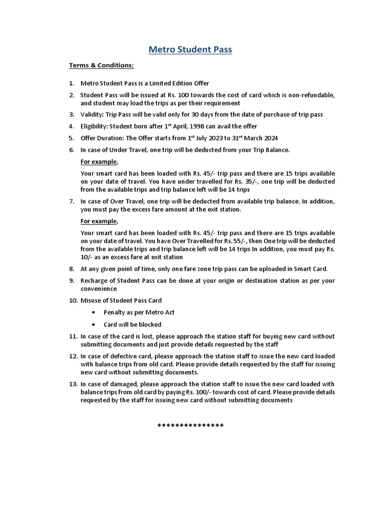 Terms Conditions Metro Student Pass | PDF