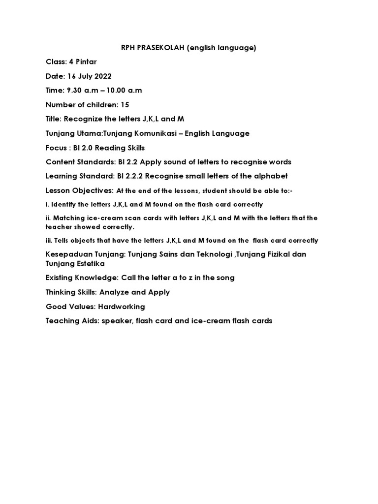 RPH PRASEKOLAH Reading | PDF | Teachers | Learning