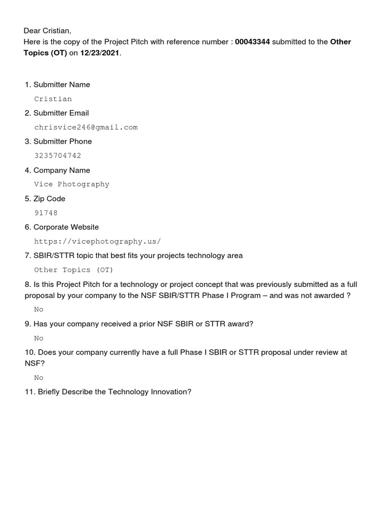 SBIR-STTR Submitted Project Pitch | PDF | Employment | Wedding Photography