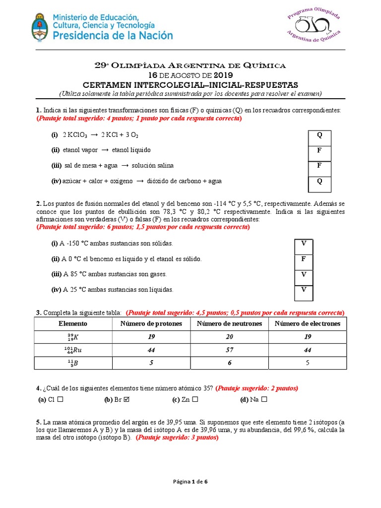 OAQ Intercolegial - Examen Niveles I1-3 - Respuestas - 2019 | PDF | Óxido | Materiales