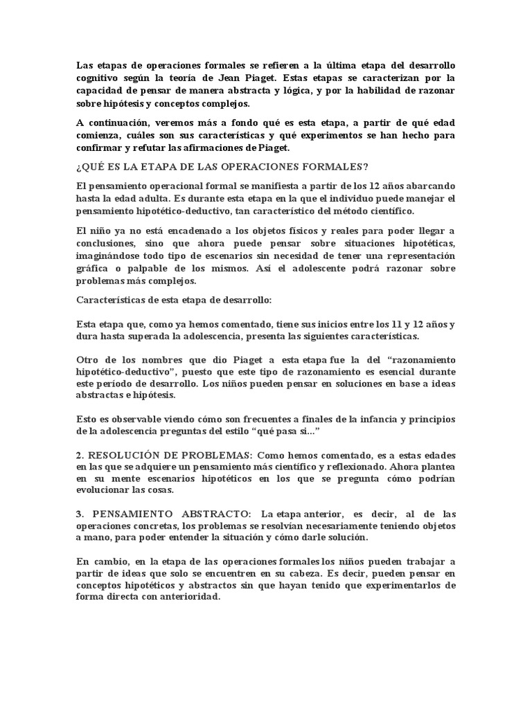 Etapas de Operaciones Formales Jean Piaget | PDF | Pensamiento ...