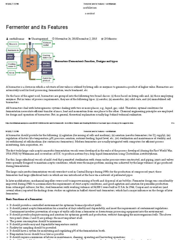 Fermenter and Its Features 1 | PDF | Fermentation | Heat Transfer
