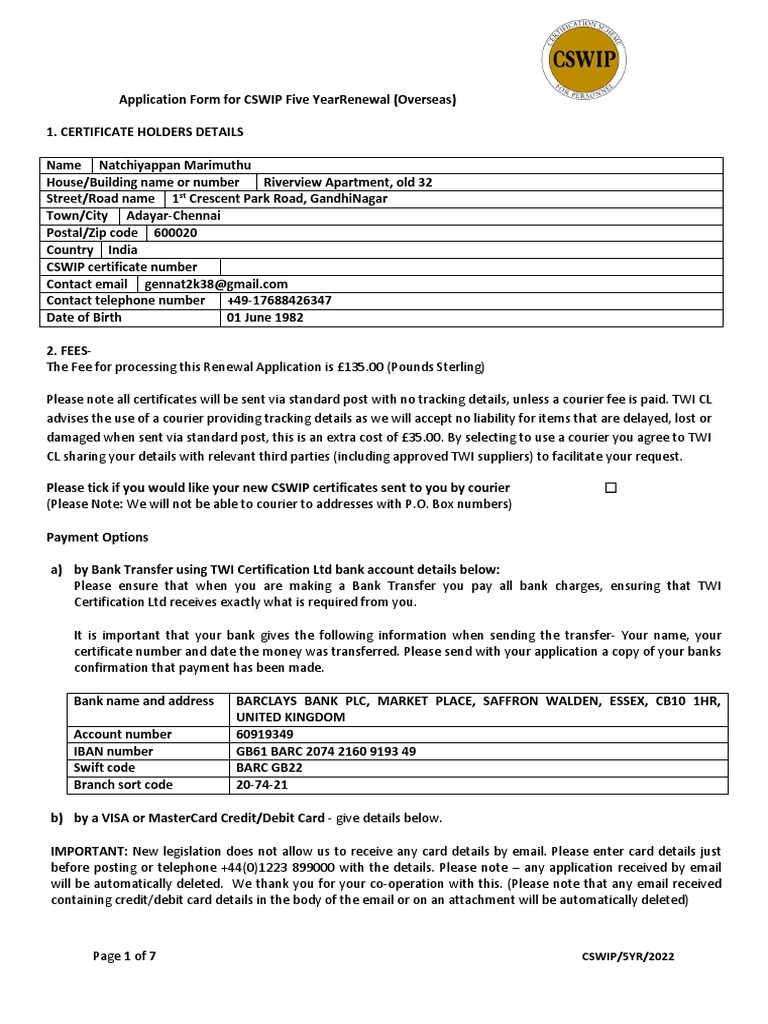 Application Form For CSWIP 5 Year Renewal (Overseas) - v2 | PDF ...