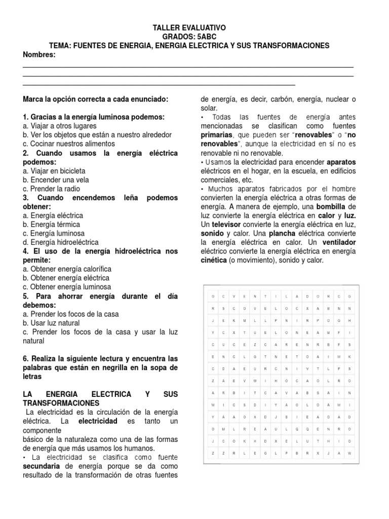 Taller Tipos de Energia y Energia Electrica | PDF | Energía renovable | Calor