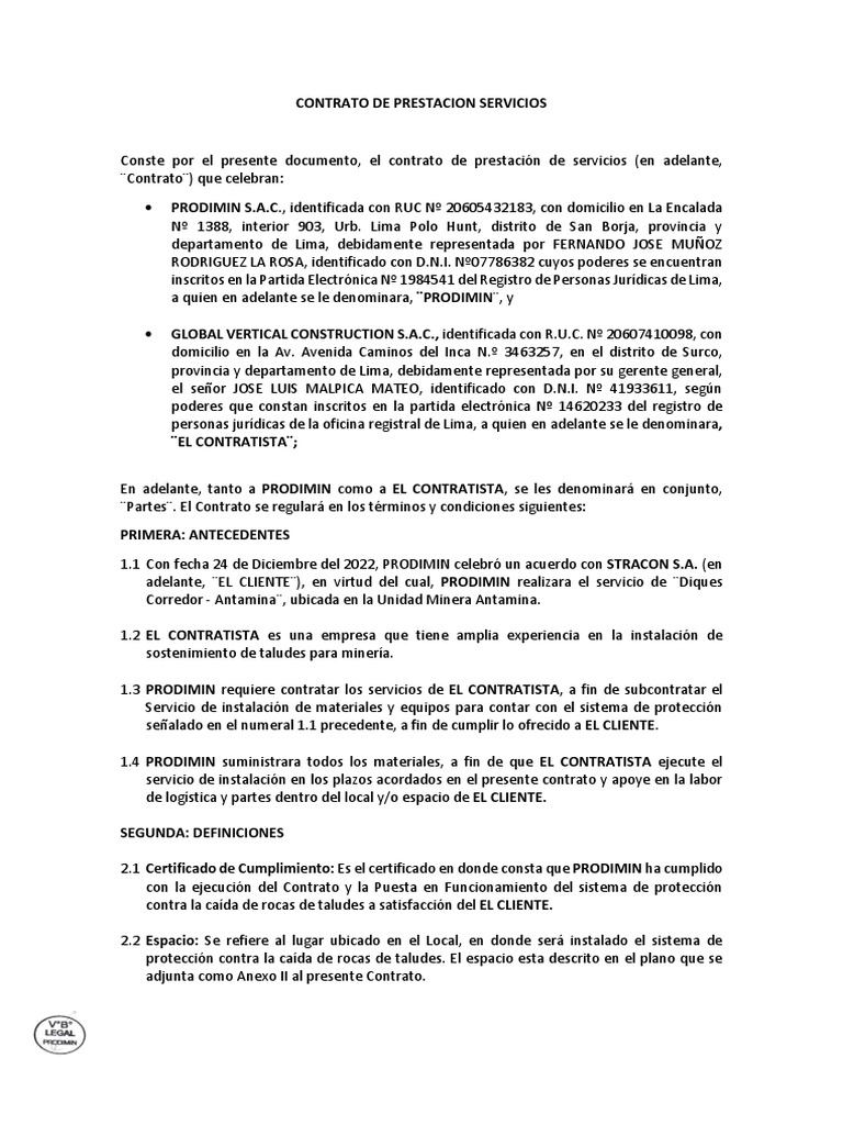 Contrato de Prestacion de Servicios GLOBAL VERTICA - 230722 - 121828 | PDF | Arbitraje | Daños y ...