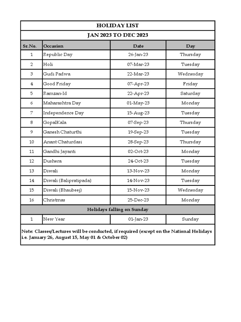 Aakash Institute Holiday List 2023 | PDF