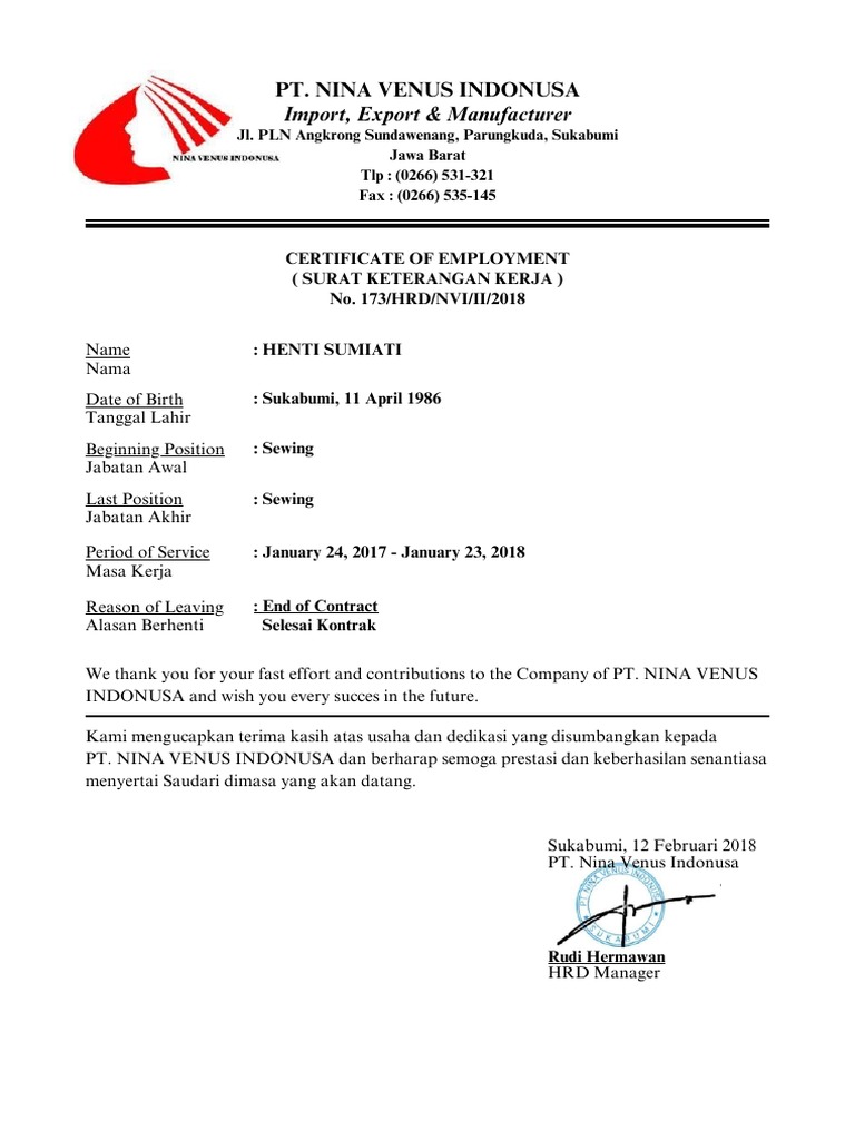 Paklaring PT Nina Venus Indonusa | PDF