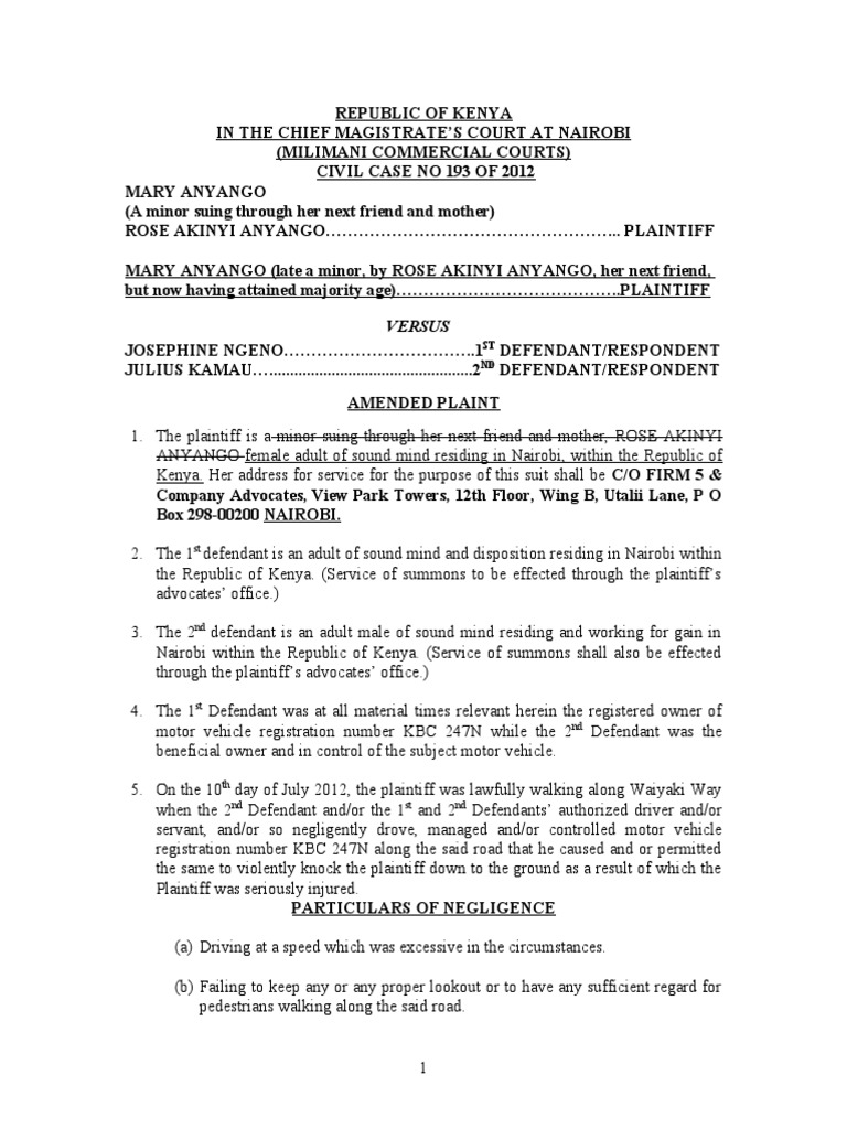 Sample Amended Plaint 1 | PDF | Lawsuit | Negligence
