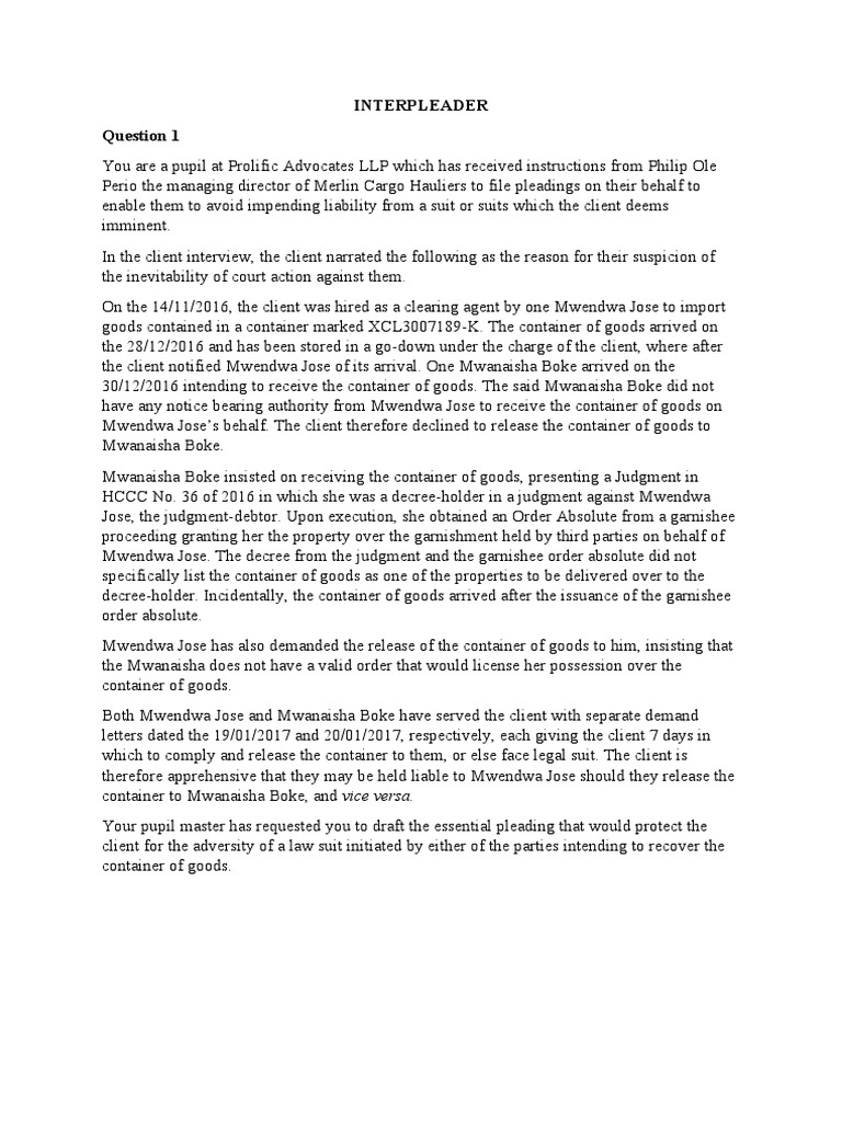 Sample Interpleader Proceedings | PDF | Lawsuit | Civil Law (Common Law)