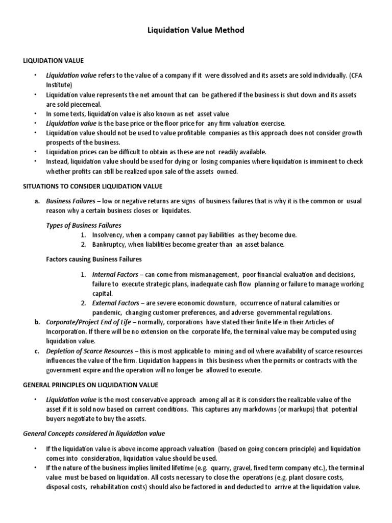 Mas Liquidation Value Method Pdf Valuation Finance Book Value