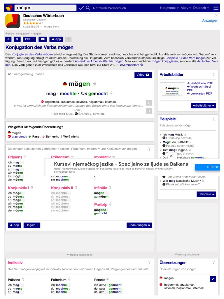 Konjugation "Mögen" - Alle Formen Des Verbs, Beispiele, Regeln (-V-) Netzverb Wörterbuch | PDF