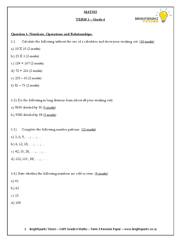 CAPS Maths Grade 4 - Term 3 Revision Paper | PDF | Area | Elementary ...